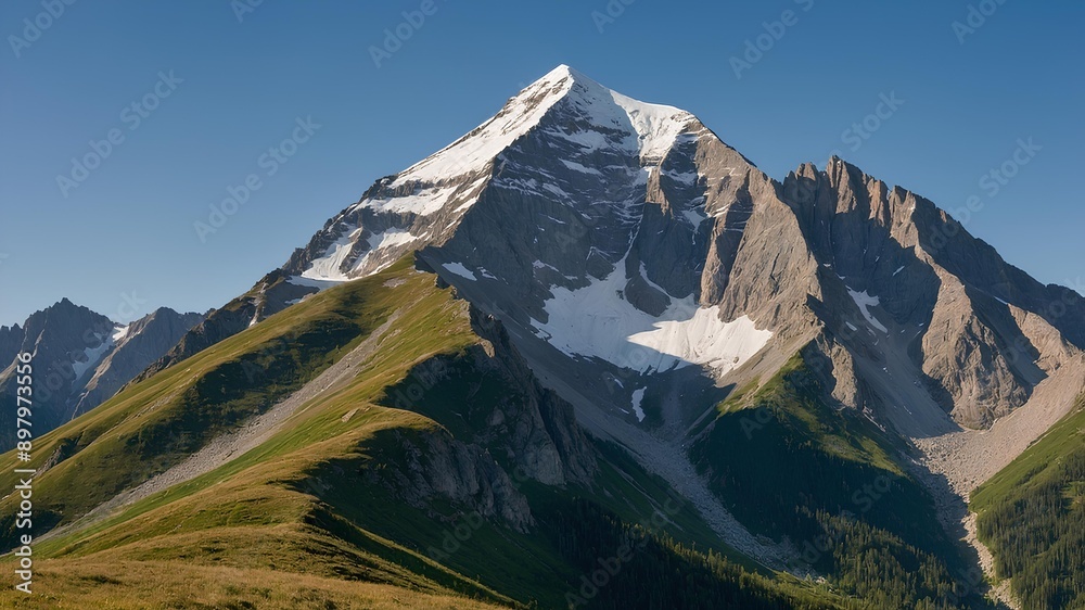 Mountain Ridge Line. Rugged peaks with steep slopes under a clear blue ...