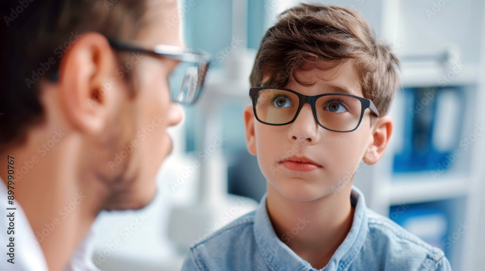World Sight Day. A child at an ophthalmologist's appointment. Boy with ...