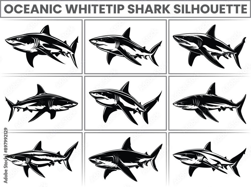 Vetor de Hand-drawn Oceanic whitetip shark Silhouettes Vector Marine ...