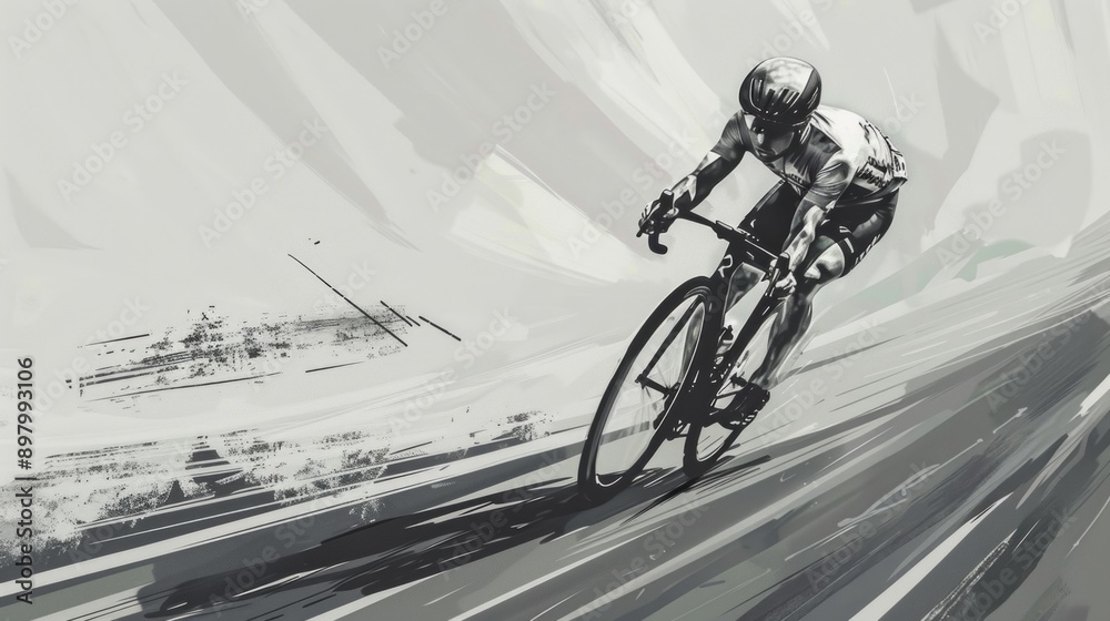 Illustrate a cyclist speeding down a road, with a solid grey background ...