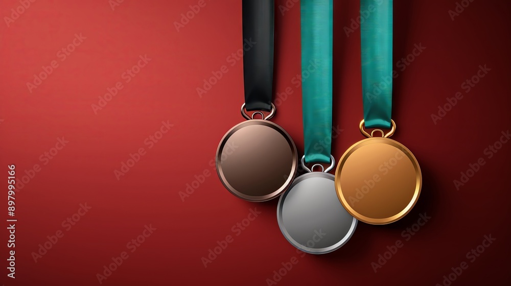 Shiny Olympic medals, gold, silver, bronze, on red background ...
