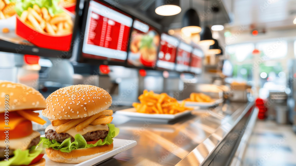 Blurry image of a bustling fast food eatery, perfect as a defocused ...