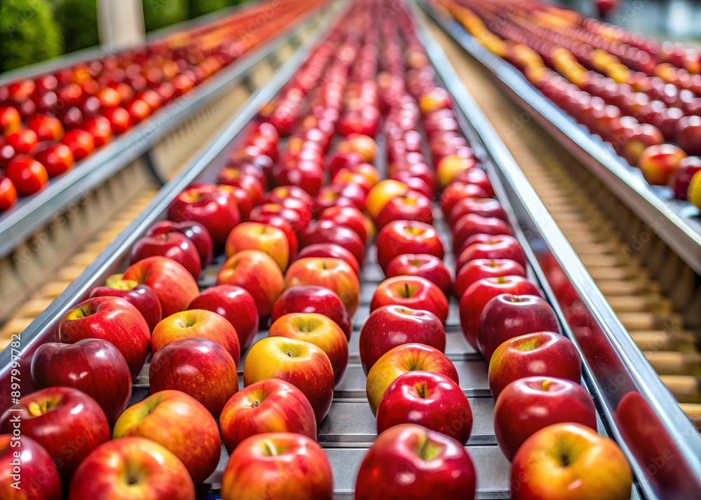 Crunchy fresh red apples cascade down a shiny metal conveyor belt ...