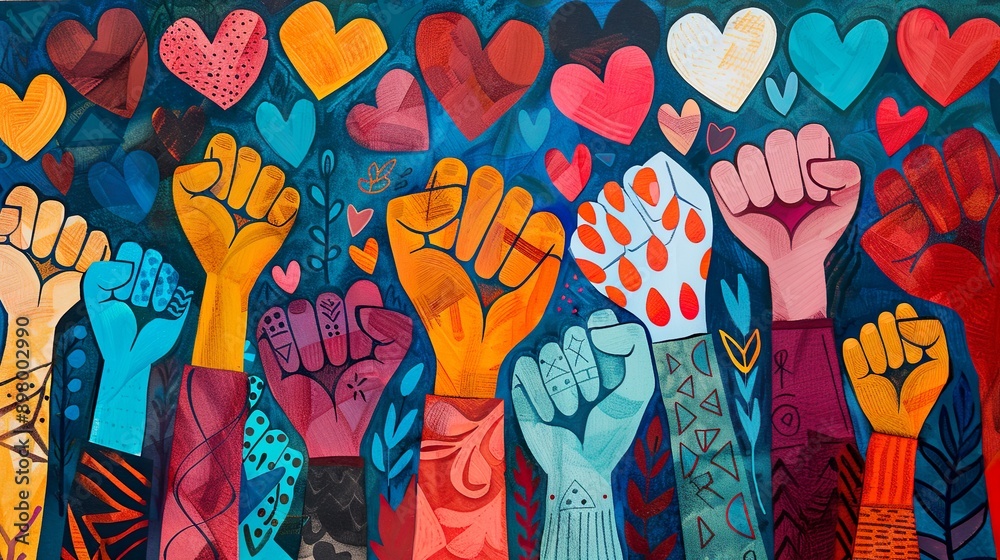 Protest Peace and Unity and Diversity protest group, hands, hearts in ...