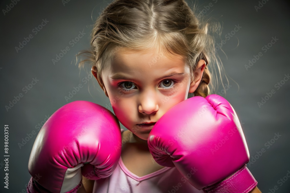 Determined young girl in pink boxing gloves, fierce expression, stands ...
