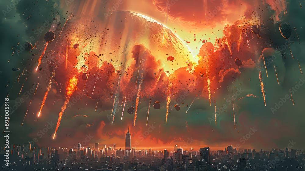 Spectacular Meteor Shower Explosion Over Cityscape at Dusk, Digital Art ...