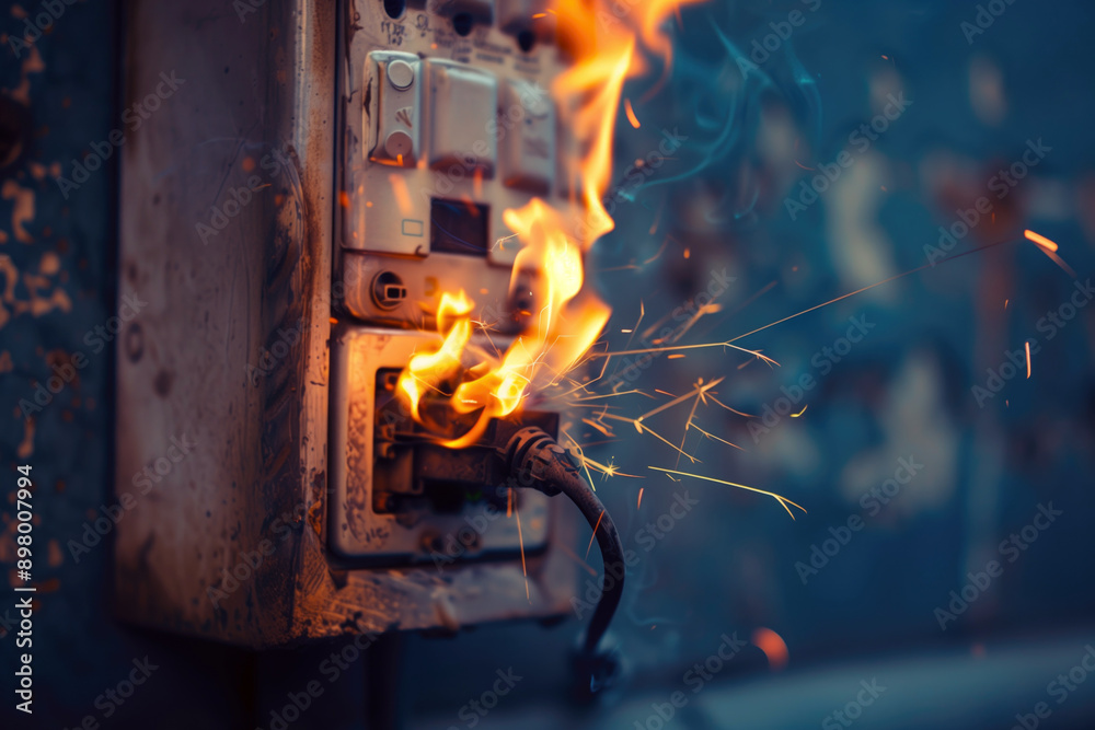 Electrical outlet catching fire with sparks and damaged wires against a ...