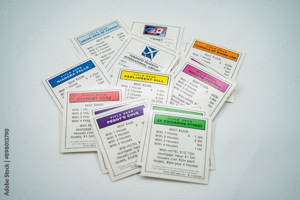 The deed cards on a Canada Monopoly board game on a white background ...