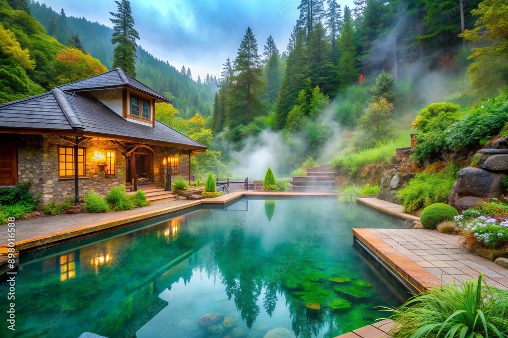 Serene misty mountainside hot springs pool surrounded by lush greenery ...
