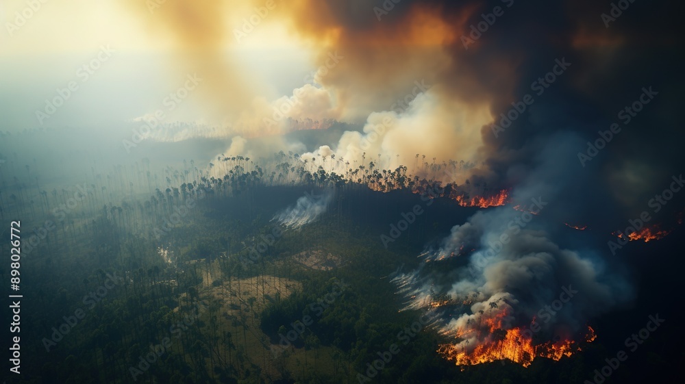 Epic aerial view of a smoking forest fire. Huge smoke clouds and ...
