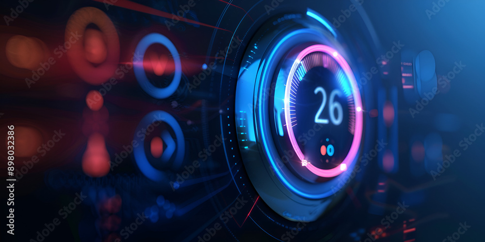 A digital clock displaying time with blue and red lights, giving a ...