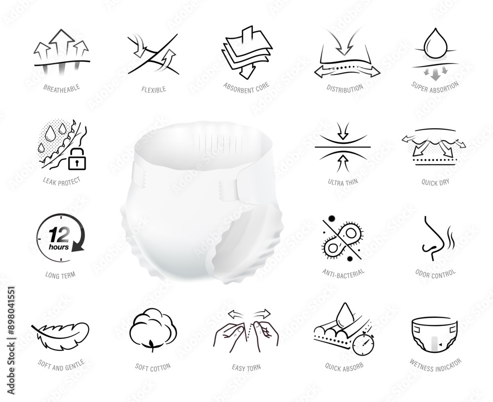 Detailed taped diaper mockup with set icons. Vector illustration ...