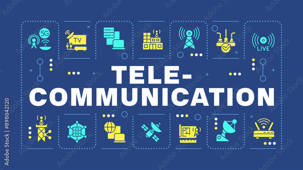 Telecom dark blue word concept. Signal transmission. Radio and ...