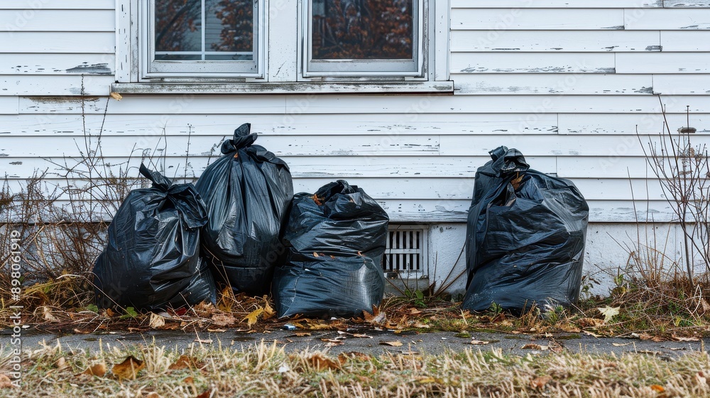 Many garbage bags and full waste bin at dirty house, waste management ...