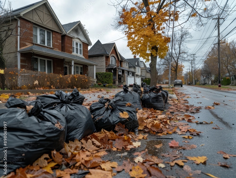 Many garbage bags and full waste bin at dirty house, waste management ...