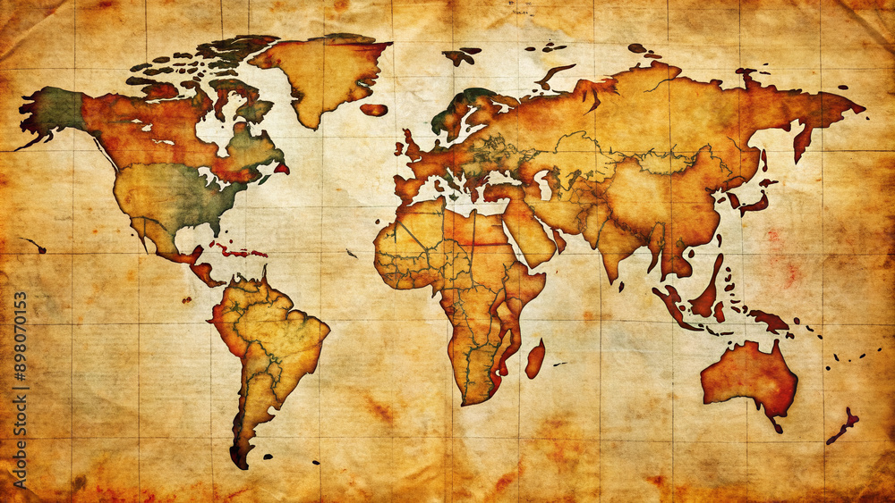 Old worn-Out Map of the World with Creases and Folds, Displaying a ...