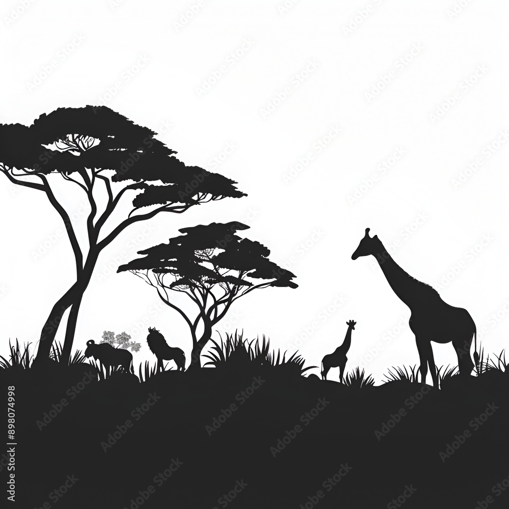 African landscape seamless border. Vector black silhouette illustration ...