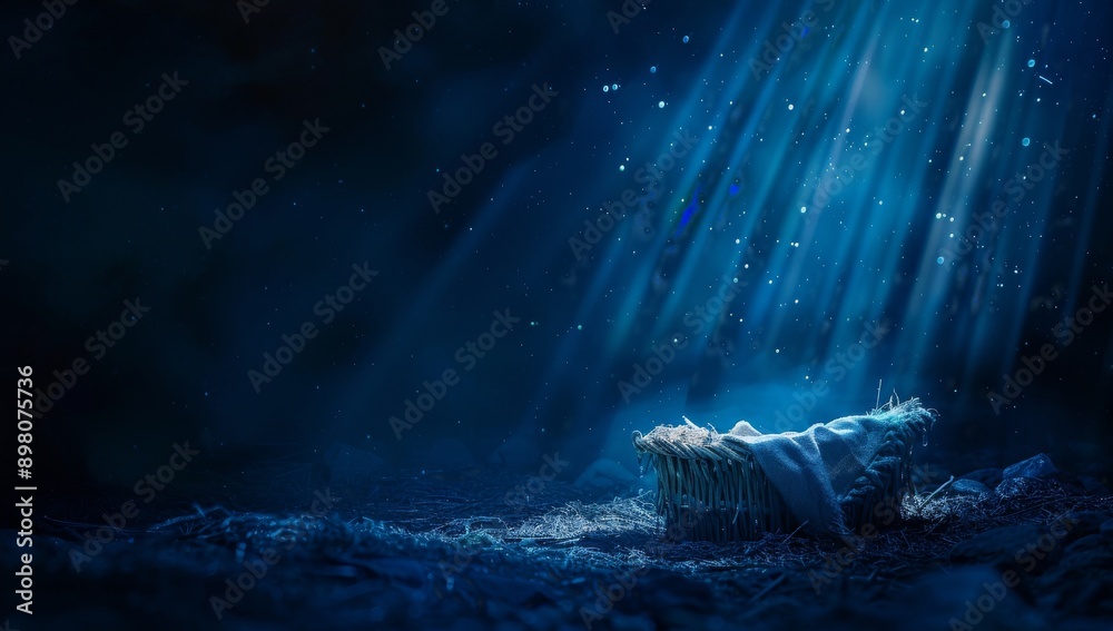 Peaceful Night Manger Scene with Ethereal Light Beams in a Nativity ...