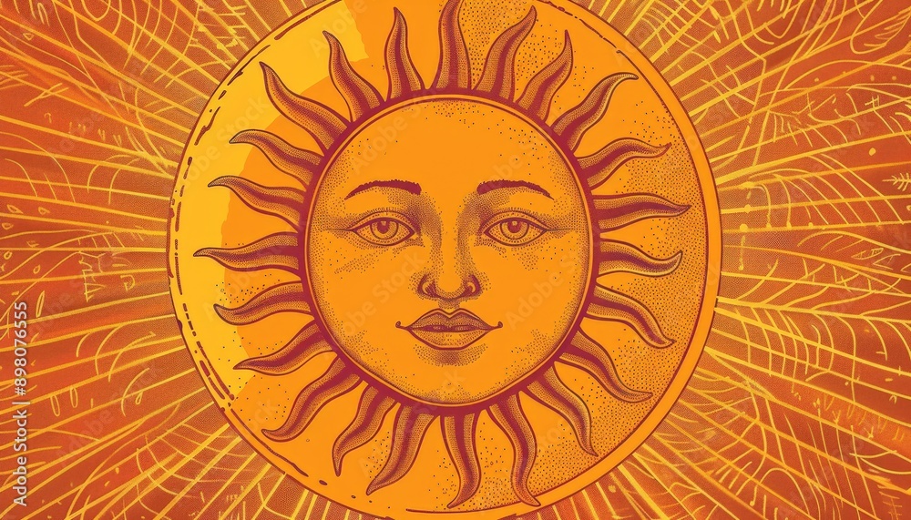 Sun with a Face - Orange and Yellow, Stipple and Linework, Cosmic ...