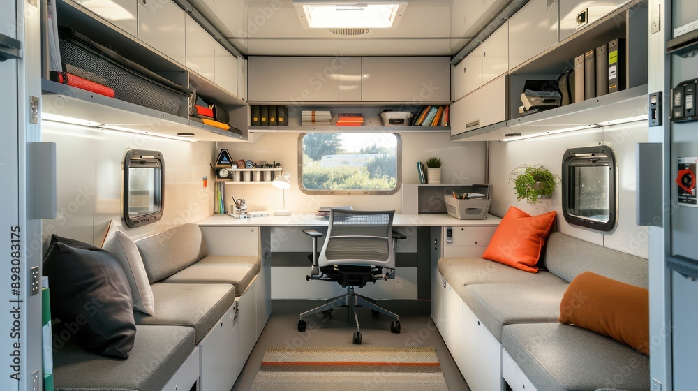 compact and functional office space in a modern trailer park, featuring ...