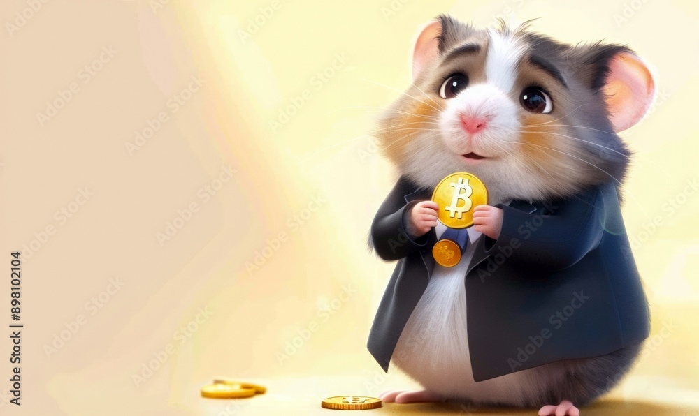 Funny rich hamster wearing business suit holding golden coin in paws on ...