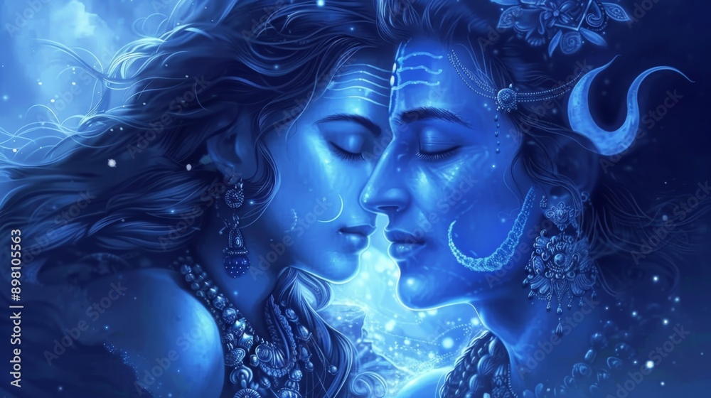 An illustration in which the blue-skinned Lord Shiva touches his face ...