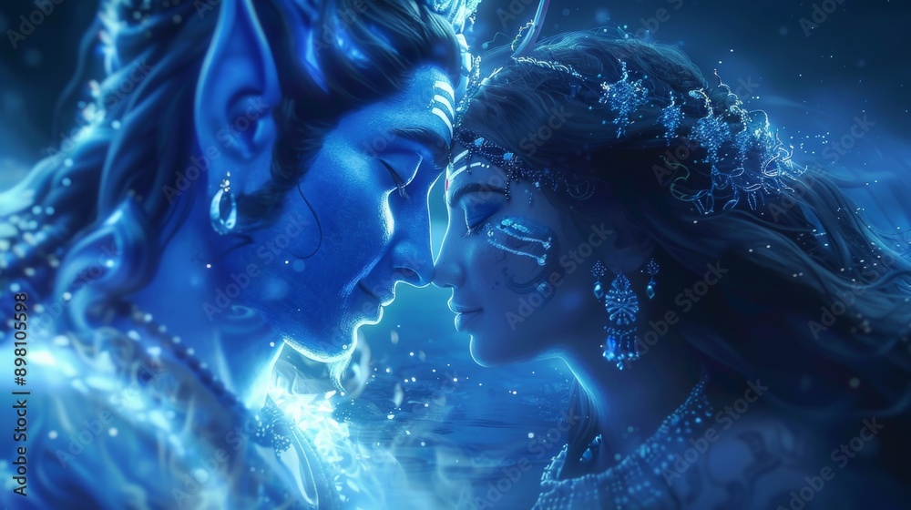An illustration in which the blue-skinned Lord Shiva touches his face ...