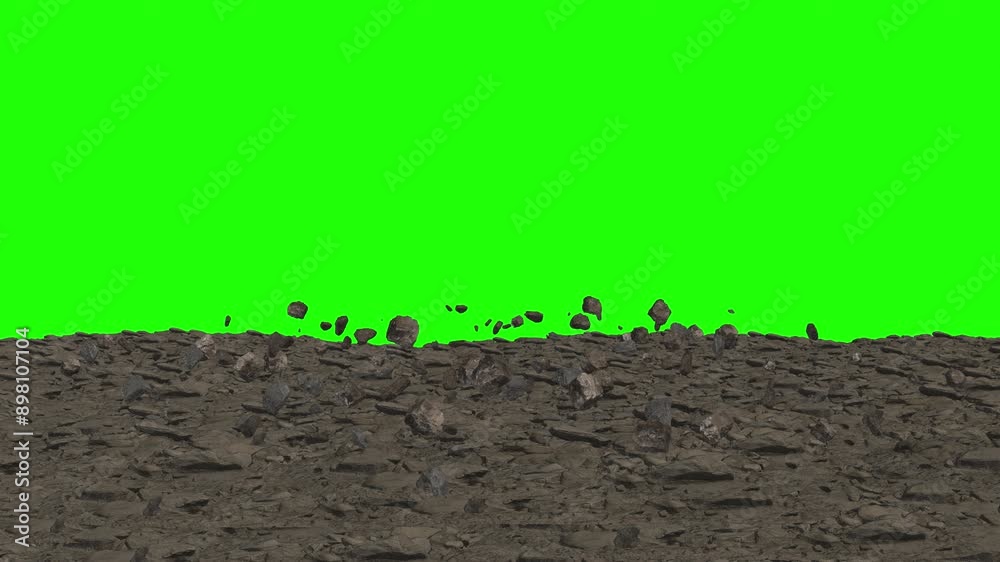 Stones flying and spinning in the air from the ground of a green screen ...
