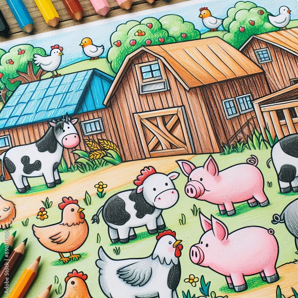 10 6 Children's drawing of a farm with barn animals like cows pi Stock ...