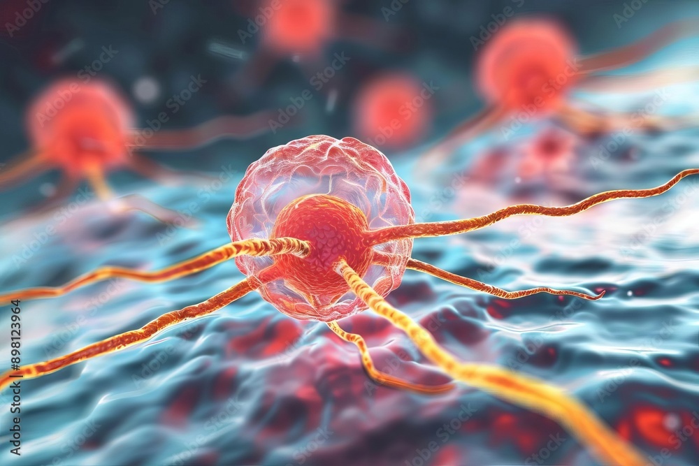 Vibrant depiction of a cancer cell interacting with its environment ...