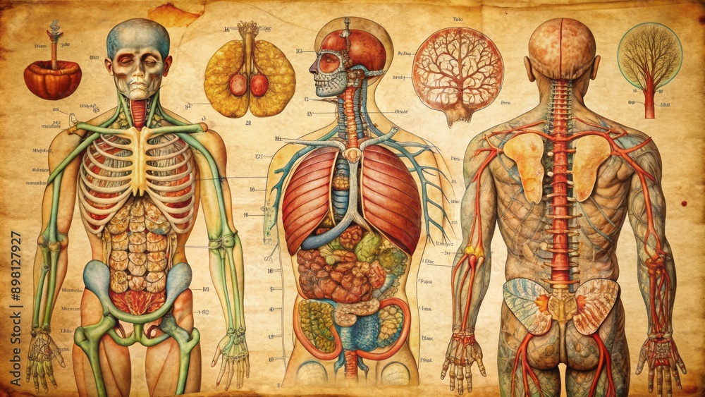 Antique medical illustration of internal human organs, detailed ...