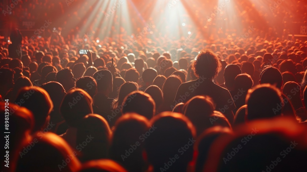 front row concert crowd backlit with warm red and orange lighting and ...