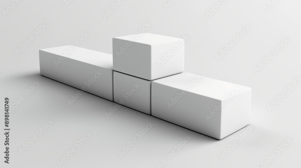Four white cubic boxes arranged in a horizontal line on a white ...