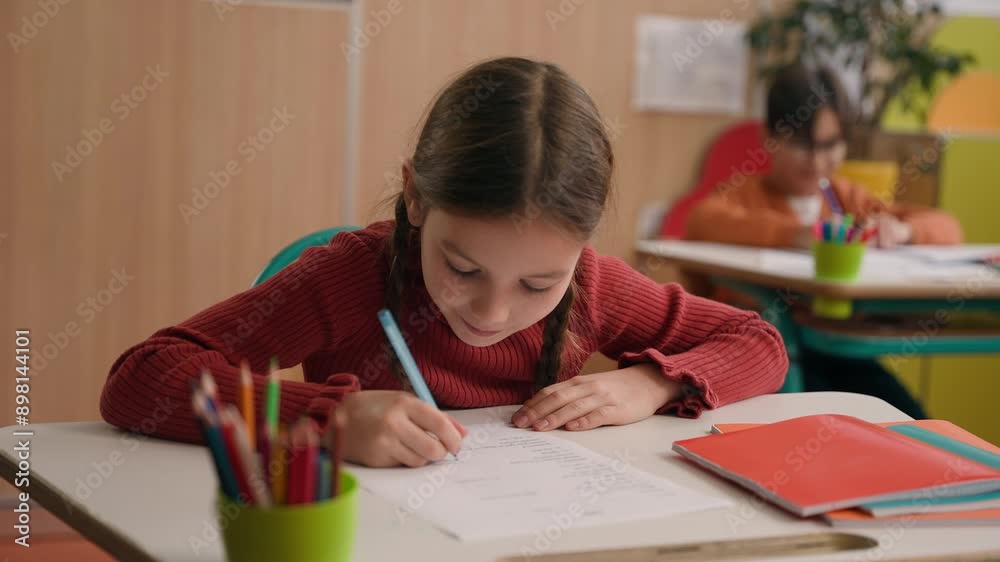 School education studying Caucasian little girl daughter child kid ...