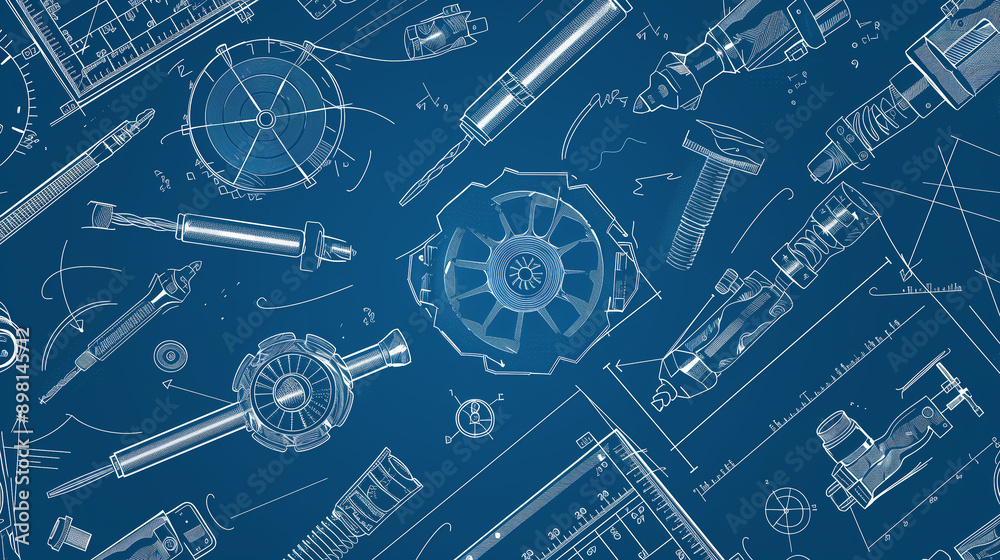 A blue and white drawing of various mechanical parts. The blue and ...