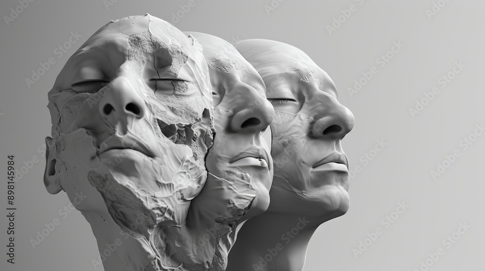 Three abstract, sculpted faces with closed eyes and different facial ...