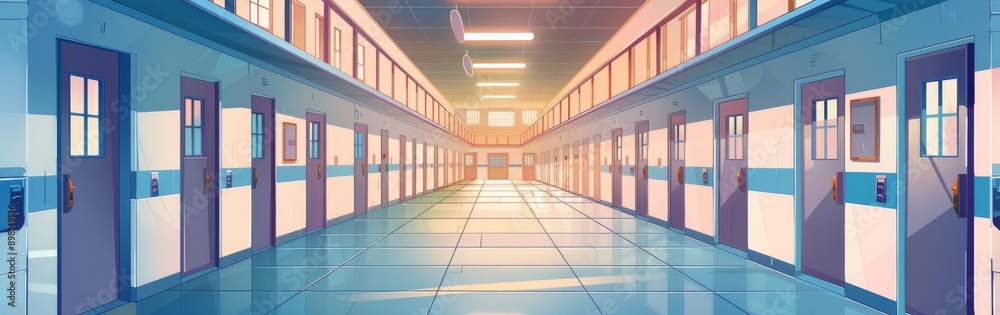 Interior of the corridor of a modern prison with doors to the cells ...