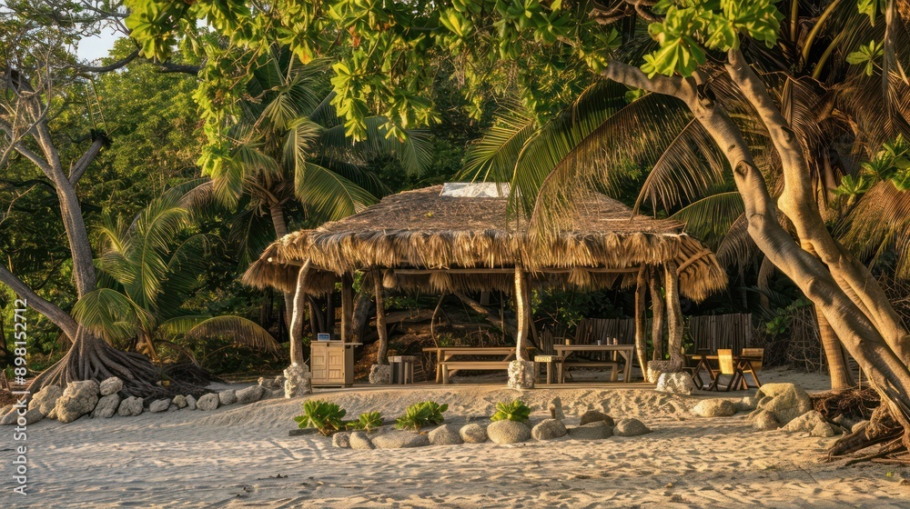secluded beach pavilion set up as a temporary office, with eco-friendly ...