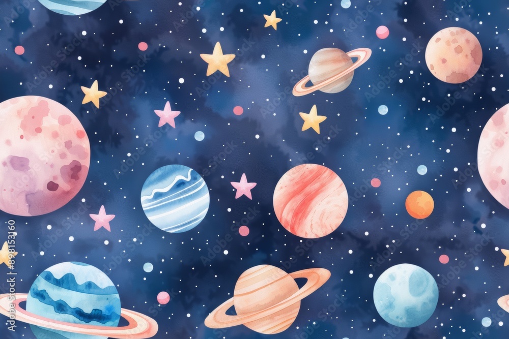 A space theme featuring stars and planets in a seamless cosmic pattern ...
