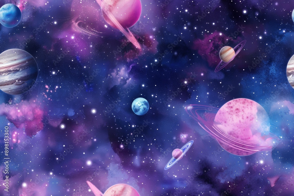 A space theme featuring stars and planets in a seamless cosmic pattern ...
