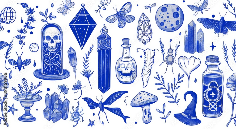 Collection of witches and magic symbols with symbols of the eye, clock ...