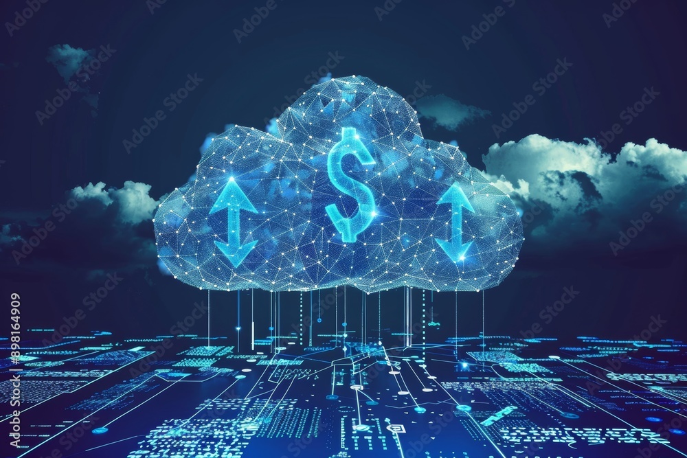 Abstract digital cloud with arrows up and down and dollar coins tower ...