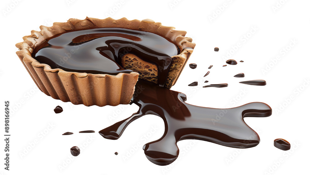A chocolate tart with liquid chocolate spilling out on a transparent ...