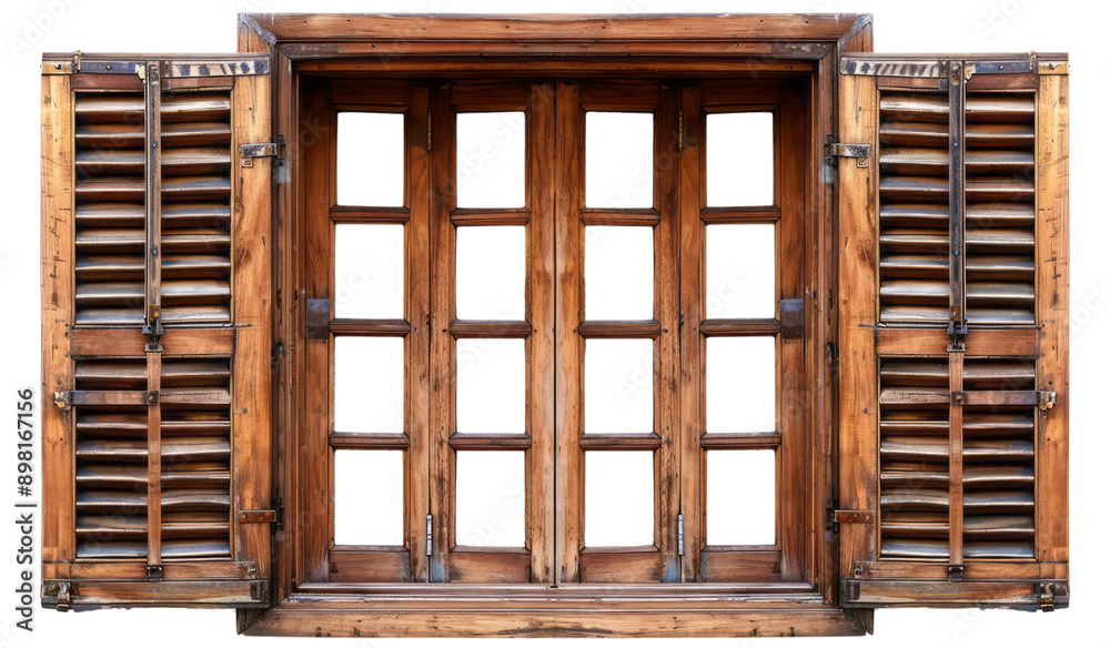 The window is made of natural wood with closed shutters on the left and ...