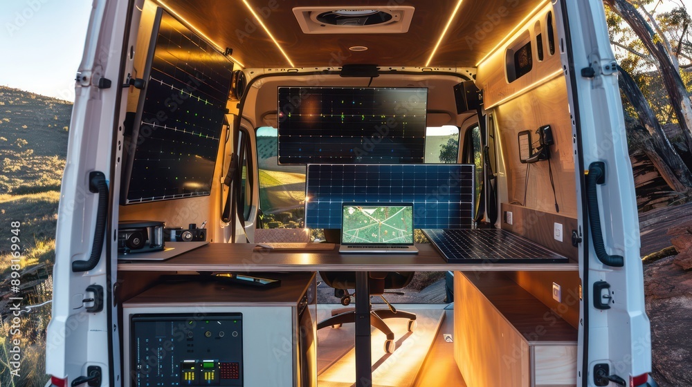 mobile office in a custom-built van, equipped with solar panels, a ...