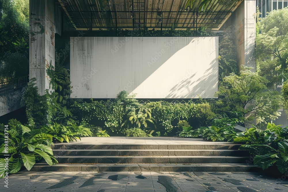 imposing blank billboard framed by lush greenery and concrete stairway ...