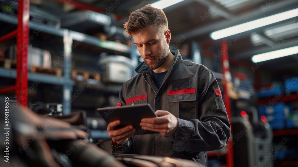 A mechanic uses a tablet computer with interactive diagnostic software ...