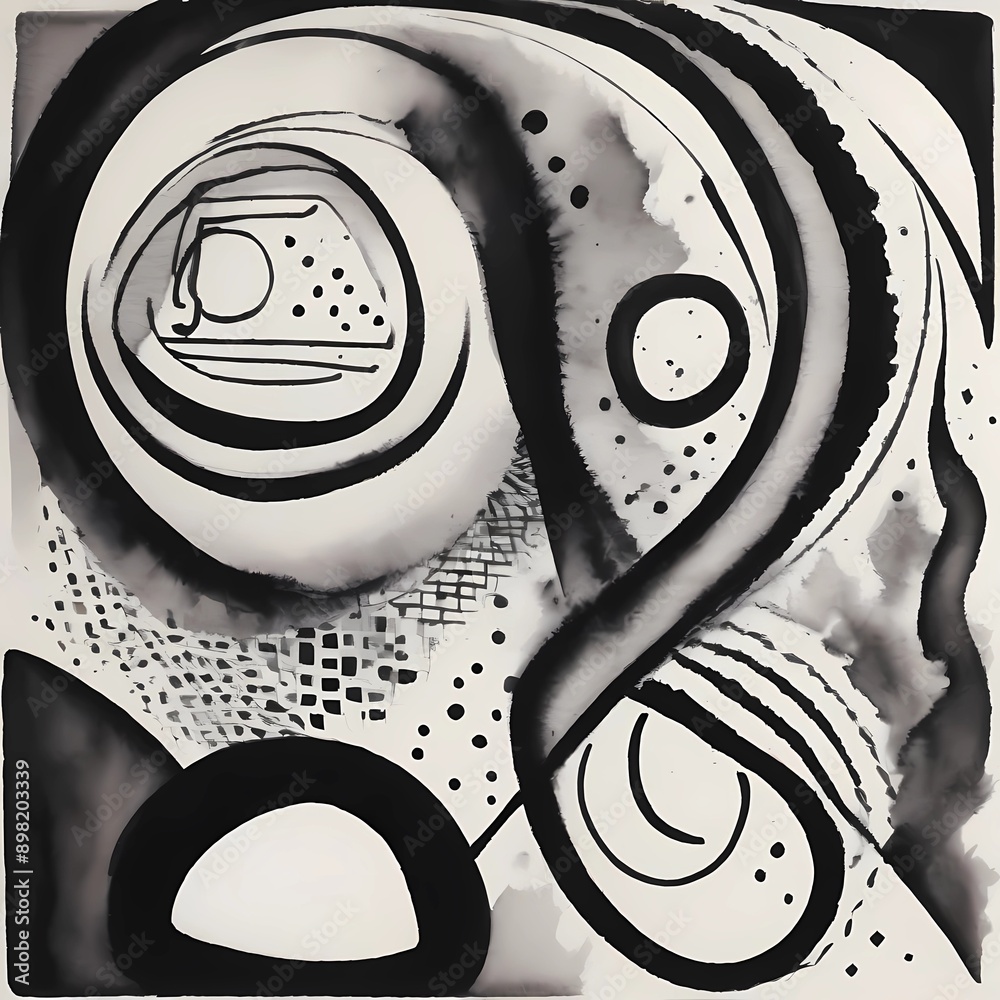 black and white swirl with dots, naive art drawing, abstract background ...