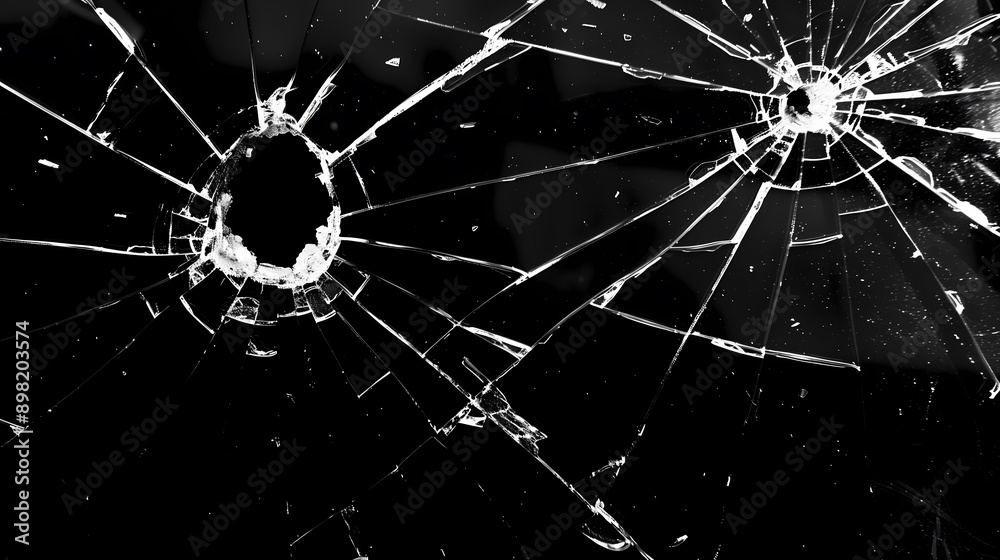 Black background, broken glass with cracks and holes, white silhouette ...
