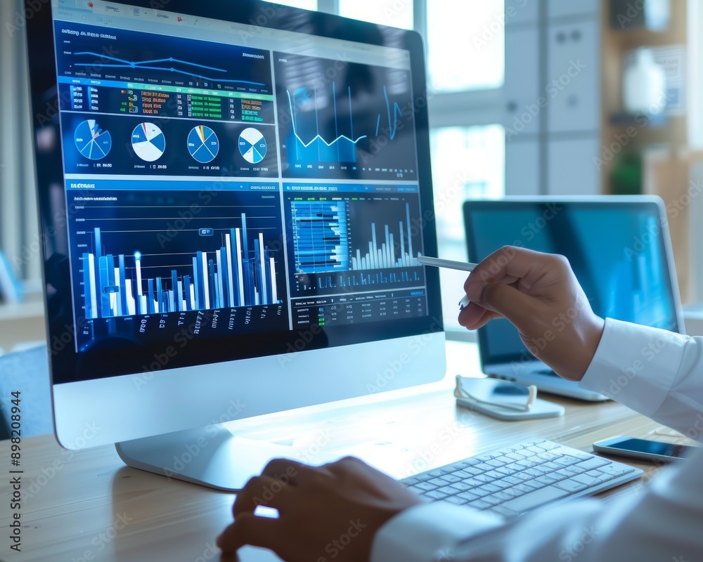 Data analyst using computer dashboard for business analysis with kpi ...